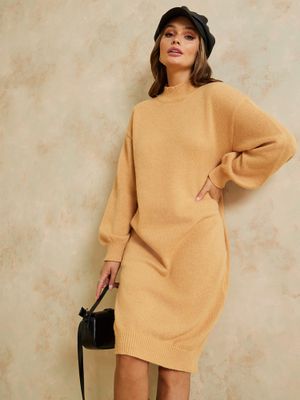 Buy Styli Long Volume Sleeves Knee Length Winter Sweater Dress Online