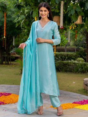Buy HOUSE OF JAMOTI Cyan Blue Kurta (Set of 3) Online