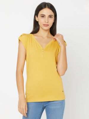 Buy Spykar Women Yellow Cotton Regular Fit V-neck Top Online