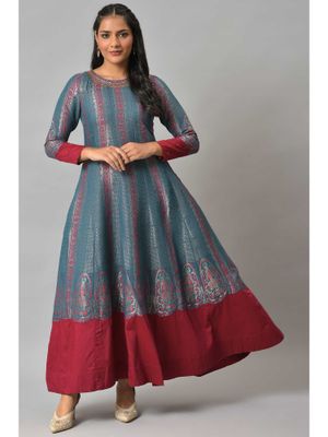 Buy WISHFUL by W Teal Printed Winter Maxi Dress Online