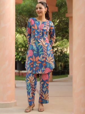 Buy Rain & Rainbow Blue Floral Printed Pure Cotton Co-Ord Set (XS) Online