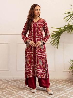 Buy Autumnlane Kabool Red Firebrick Printed Kurta with Palazzo (S) Online