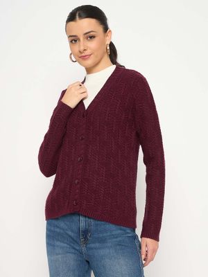 Buy Madame Cable Knit V Neck Maroon Cardigan for Women (S) Online