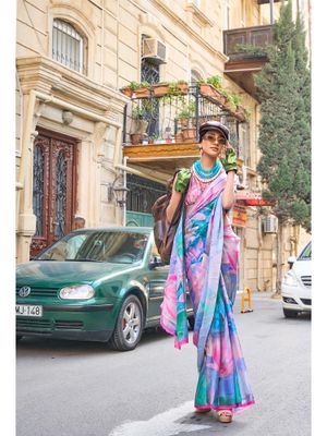 Buy Mahalasa Women Blue Satin Floral Saree with Unstitched Blouse with ...