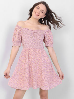 FabAlley Mini Dresses : Buy FabAlley Pink Floral Smocked Tie Up Skater ...