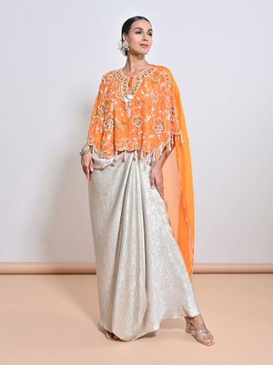 Buy KEITH GOMES Orange Cape with Drape Skirt and Blouse (XS) Online