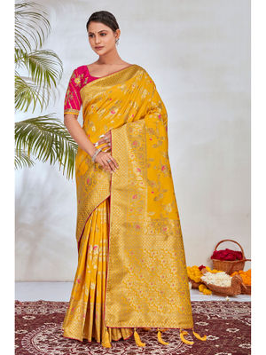 Buy Monjolika Fashion Yellow Color Banarasi Silk Blend Woven ...