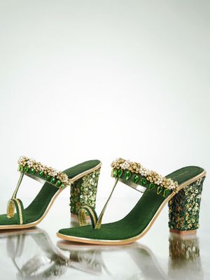 Buy Signature Sole Embellished Green Block Heels for Women Online