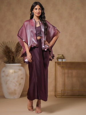 Buy B'Infinite Rasin Wine Shimmer Embellished Co-Ord (Set of 3) Online