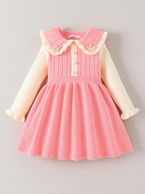 Buy Hopscotch Contrast Cuff Floral Applique Dress (18-24 Months) Online