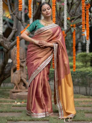 Buy Suta Women Rust Linen Blend Colorblock Embroidered Saree with ...