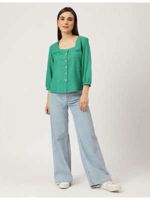Buy Linen Mix Plain Green Square Neck Top Online