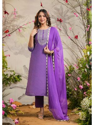 Buy EverBloom Orchid Purple Leheriya Straight Kurta with Pants & Dupatta (Set of 3) Online