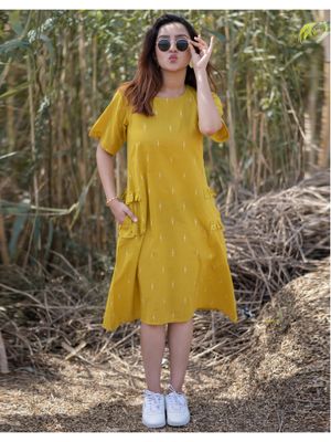 Buy Babli Women Corn Yellow Cotton Weave Dress (XS) Online