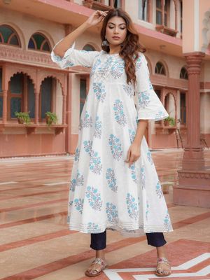 Buy Rangmayee White and Blue Gotta Patti Printed Cotton Anarkali Dress ...