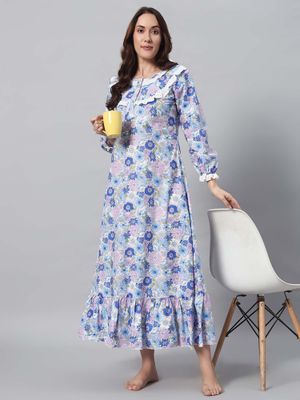 Buy SEPHANI Blue Floral Regular Nightdress (M) Online
