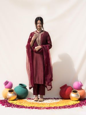 Buy MITHI SUPARI Wine Kamini Embroidered Kurta with Pant and Dupatta ...