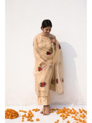 Buy MITHI SUPARI Beige Maya Kurta with Pant and Embroiderd Dupatta (Set ...