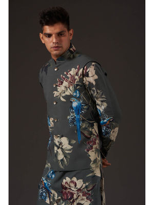 Buy Rohit Bal Grey Floral Digital Printed Nehru Jacket (XS) Online