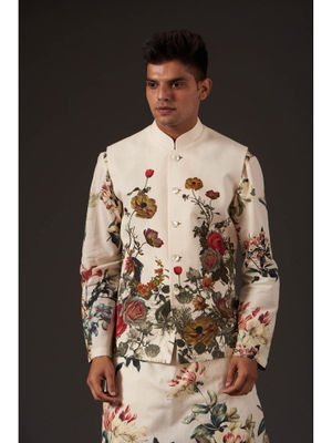 Buy Rohit Bal Ivory Floral Digital Printed Nehru Jacket (XS) Online