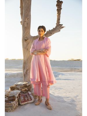 Buy Karaj Jaipur Rose Pink Embroidered Kurta with Pant and Dupatta (Set ...