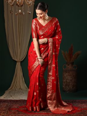 Buy Akhilam Women's Georgette Red Woven Designer Saree with Unstitched Blouse Online