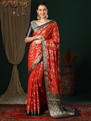 Buy Akhilam Women's Georgette Red Woven Designer Saree with Unstitched Blouse Online
