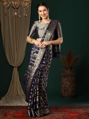 Buy Akhilam Women's Georgette Navy Blue Woven Designer Saree with ...