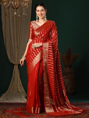 Buy Akhilam Women's Georgette Red Woven Designer Saree with Unstitched Blouse Online