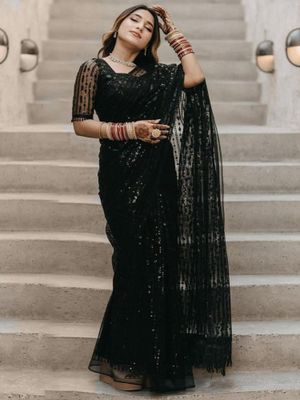 Buy Akhilam Women's Net Black Embellished Designer Saree with Unstitched Blouse Online