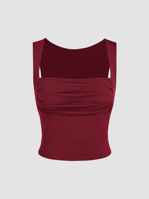 Buy Cider Solid Ruched Square Neck Crop Top (XS) Online