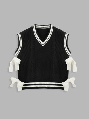 Buy Cider V-neck Contrast Binding Bowknot Knitted Vest Curve & Plus ...