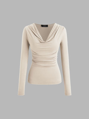 Buy Cider Cowl Neck Solid Ruched Long Sleeve Tee (XXS) Online