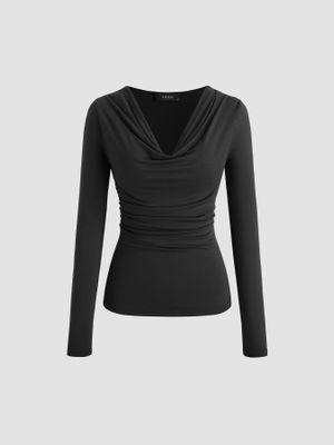 Buy Cider Cowl Neck Solid Ruched Long Sleeve Tee (XS) Online