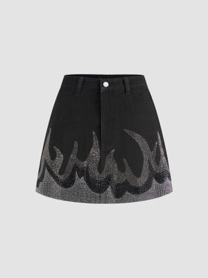 Buy Cider Low Waist Fire Rhinestone Denim Mini Skirt (XS) Online