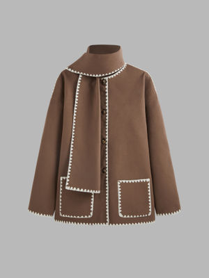 Buy Cider Tweed Round Neck Solid Pocket Jacket With Scarf (XXS) Online