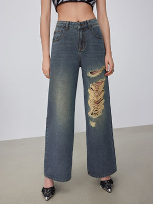 Buy Cider Denim Low Rise Ripped Wide Leg Jeans (XXS) Online