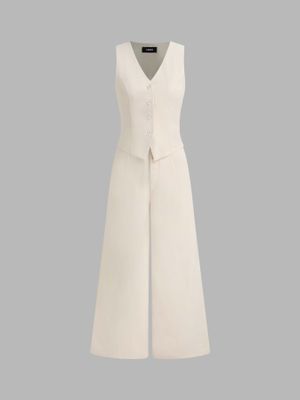 Buy Cider Solid V-neck Button Vest Wide Leg Jumpsuit (XS) Online