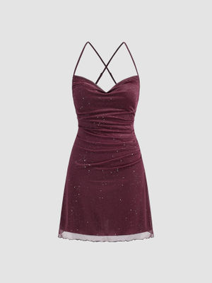 Buy Cider Mesh Cowl Neck Solid Sequin Mini Dress (XXS) Online