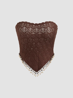 Buy Cider Knit Solid Beaded Fringe Lettuce Trim Crop Tube Top (XS) Online
