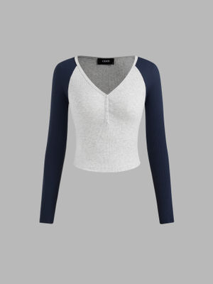 Buy Cider V-neck Solid Button Raglan Sleeve Jersey Top (XS) Online