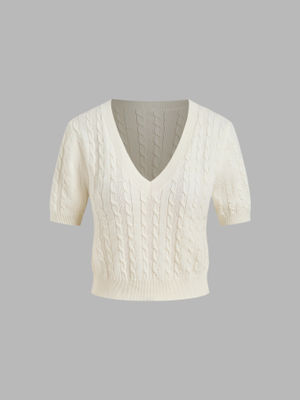 Buy Cider Cable Knit V-neck Solid Texture Short Sleeve Top (XS) Online