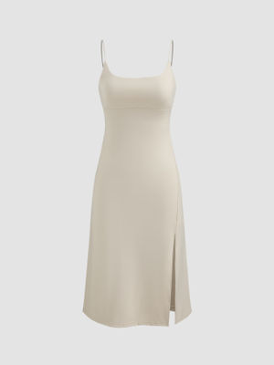 Buy Cider Square Neck Solid Ruched Split Lace Up Midi Dress (S) Online