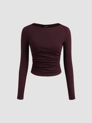 Buy Cider Cotton-blend Boat Neck Solid Ruched Long Sleeve Tee (XS) Online