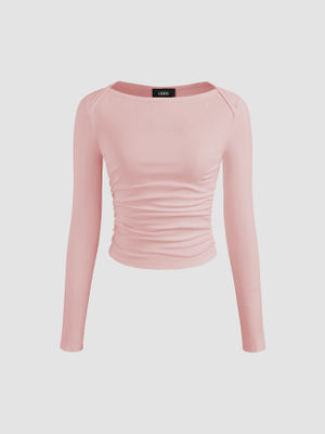 Buy Cider Cotton-blend Boat Neck Solid Ruched Long Sleeve Tee (XS) Online