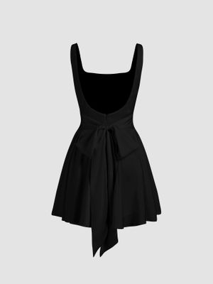 Buy Cider Satin Square Neck Solid Ruffle Knotted Mini Dress (XS) Online