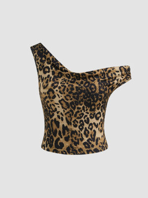 Buy Cider Asymmetrical Neck Leopard Crop Tank Top (XS) Online