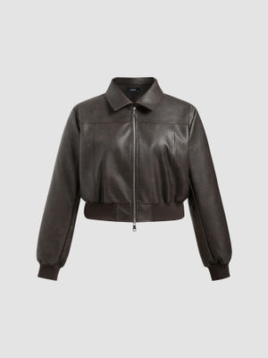 Buy Cider Faux Leather Collar Solid Zipper Crop Biker Jacket Curve & Plus (0XL) Online