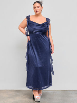 Buy Cider Mesh Cowl Neck Solid Sequin Ruffle Hem Maxi Dress Curve ...