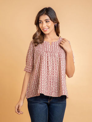 Buy Suti Women Cotton Flared And Gathered Short Top - Maroon Online
